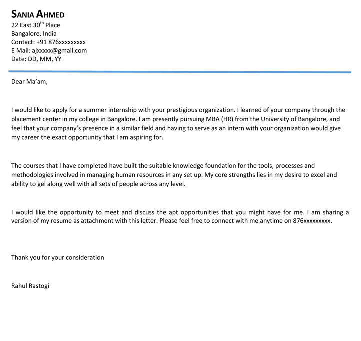 Application For Internship Letter Sample Format Internship Cover Letter